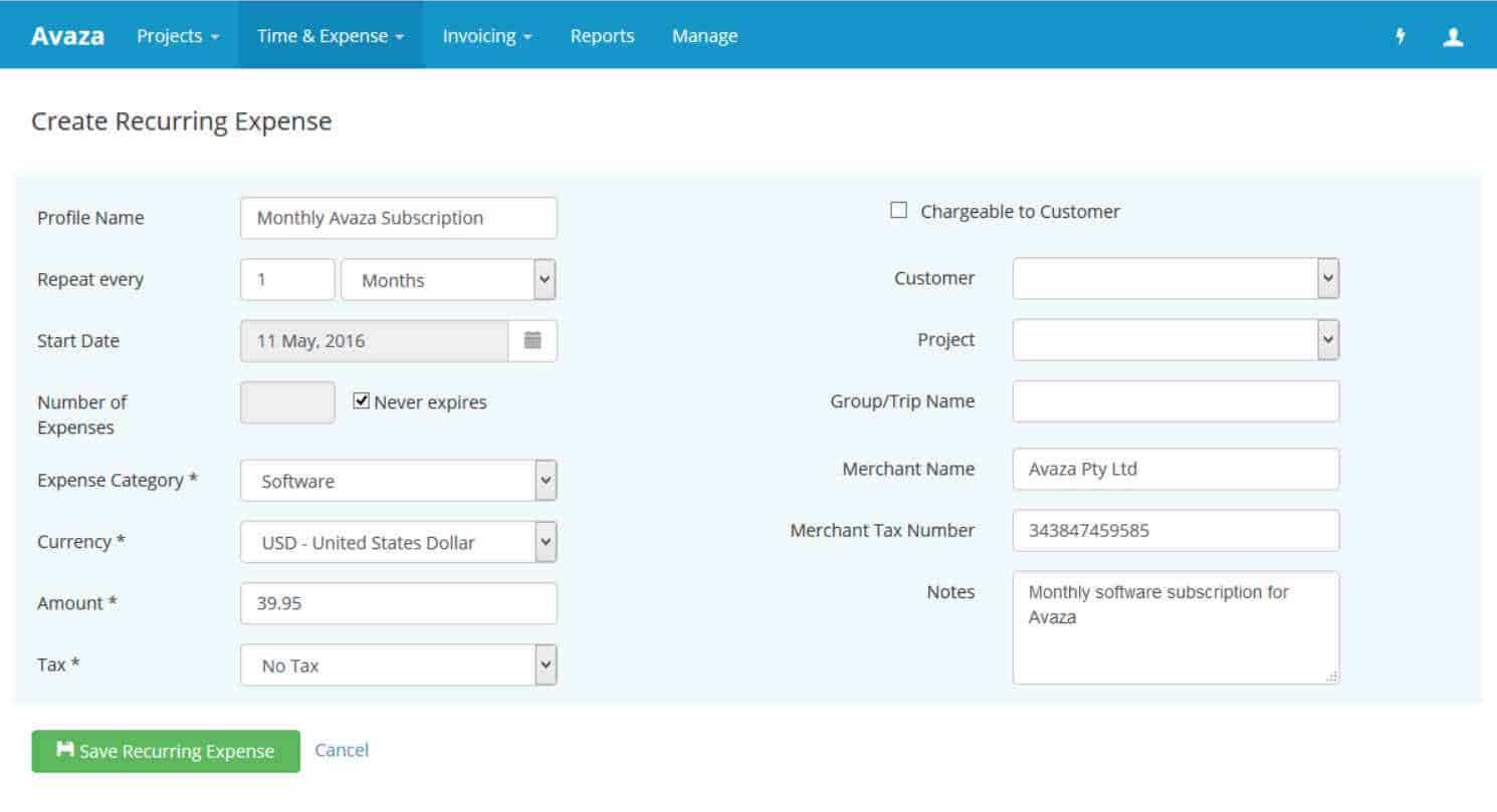Recurring Expenses with Avaza - Avaza.com