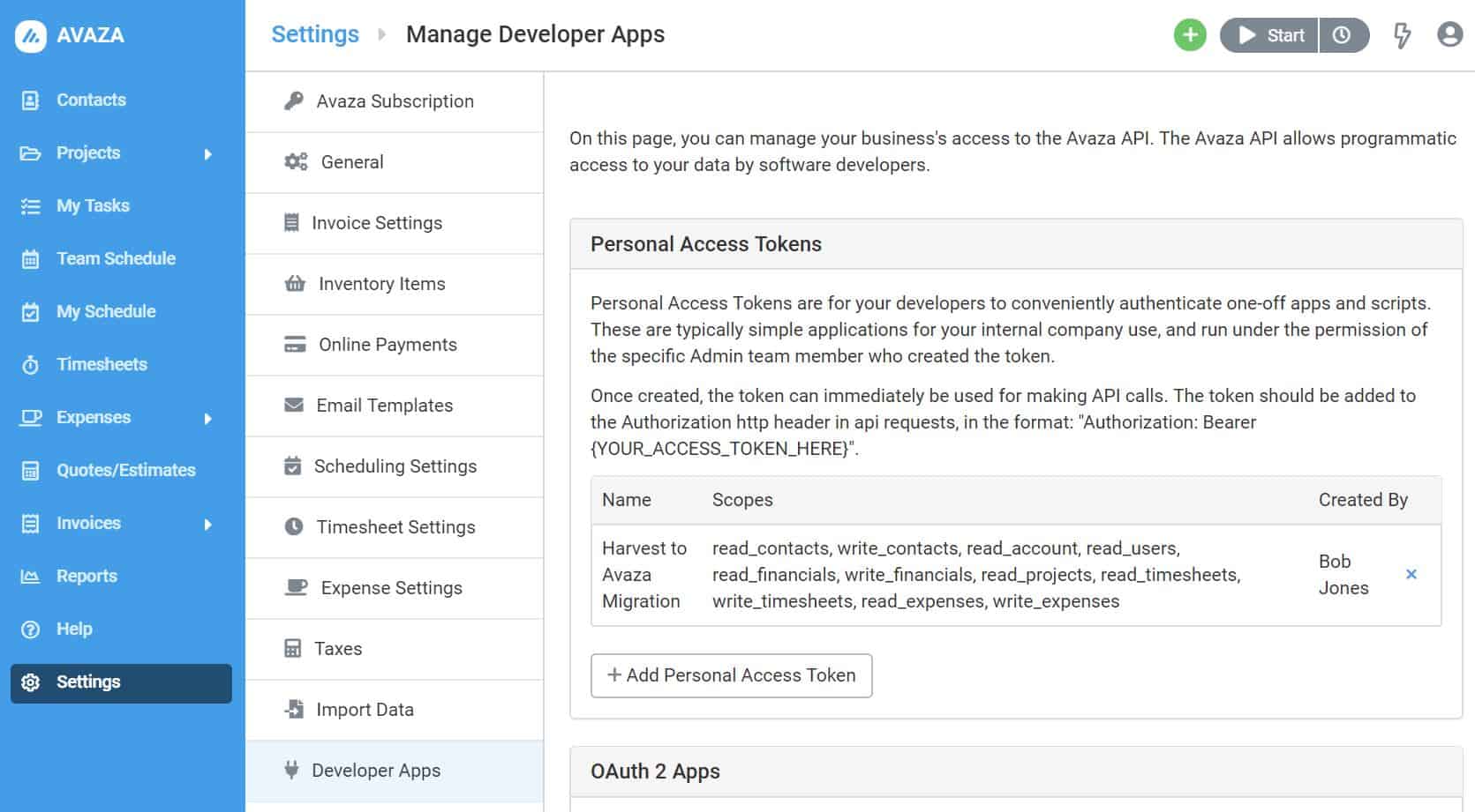 Avaza API - Authentication with Personal Access Tokens - Avaza.com