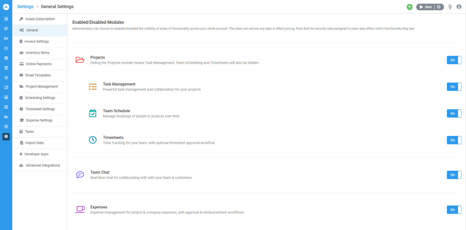 Enabling and Disabling Avaza Modules - Avaza.com